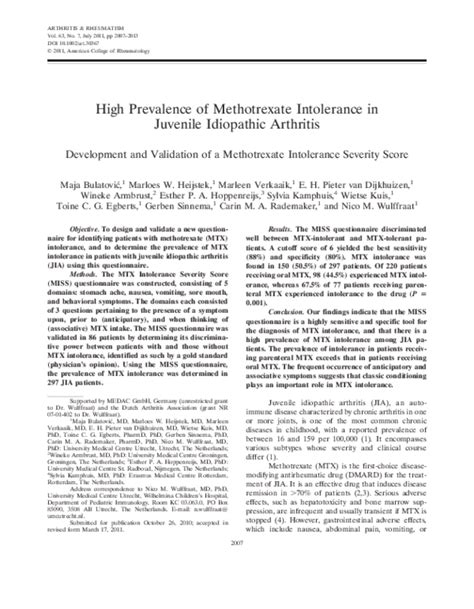Pdf High Prevalence Of Methotrexate Intolerance In Juvenile Idiopathic Arthritis Development