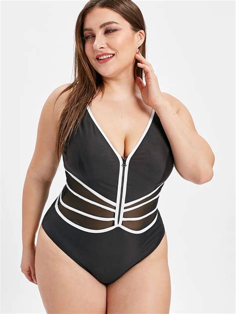 Wipalo Women Plus Size 5XL Mesh Panel Zip Insert Swimwear Set Patchwork