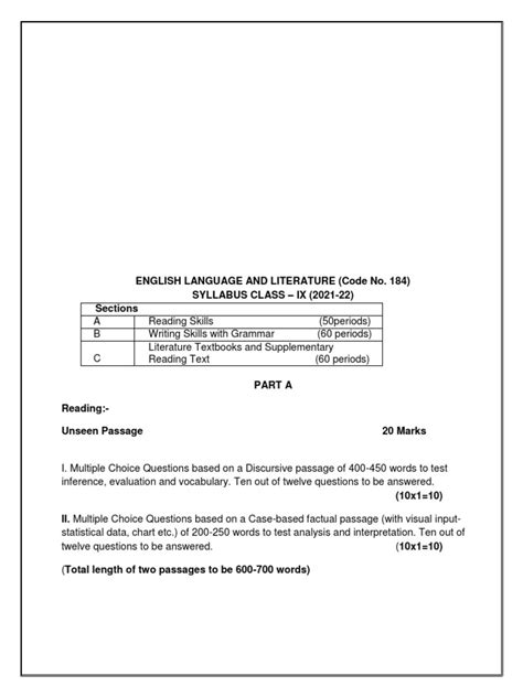 Cbse Class 9 English Language And Literature Syllabus 2021 22 Pdf