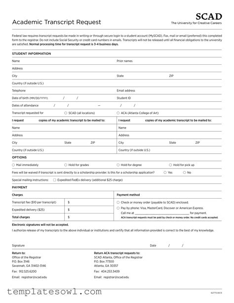 Download Scad Academic Transcript Request Form • Templatesowl
