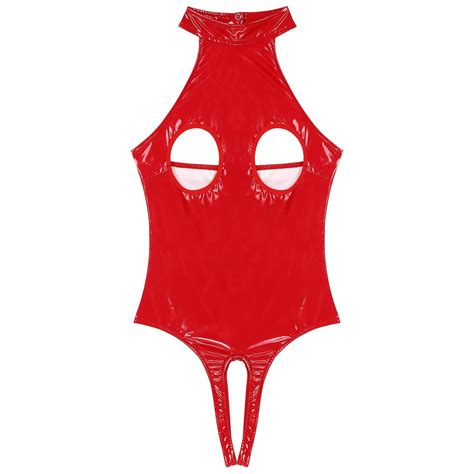 Us Women Patent Leather Bodysuit Cupless Open Crotch Catsuit Jumpsuits