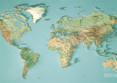 World Map 3d Render Topographic Map Color Border City Names Greeting
