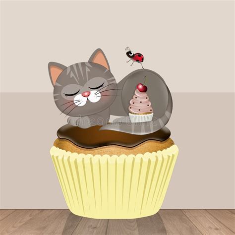 Illustration Of Cat Sleeping On The Cupcake Stock Illustration