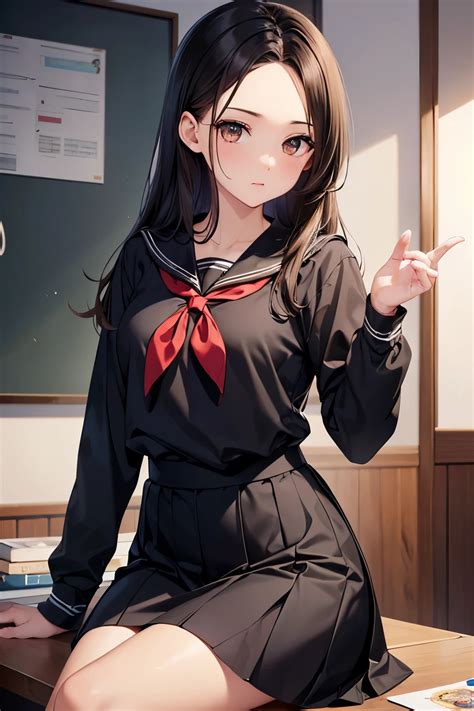 애니메이션 소녀가 책상에 앉아 손을 들고 있는 교복 차림 Seaart Ai