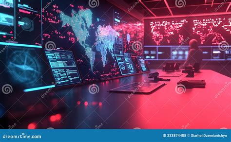 High Tech Command Center With Global Digital Maps And Data Analytics