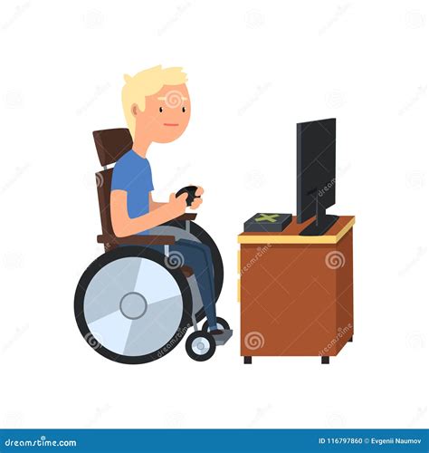Behinderter Mann Im Rollstuhl Der Computerspiel Rehabilitation Von Behinderterkonzept Vektor