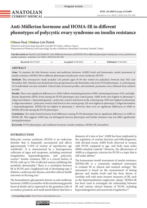 Pdf Anti Müllerian Hormone And Homa Ir In Different Phenotypes Of