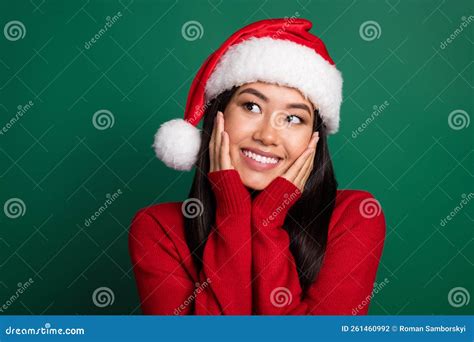 Portrait Photo Of Young Toothy Beaming Smile Chinese Girl Wear Santa