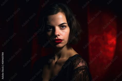 Attractive And Fascinating Woman With Red Lips And Mysterious
