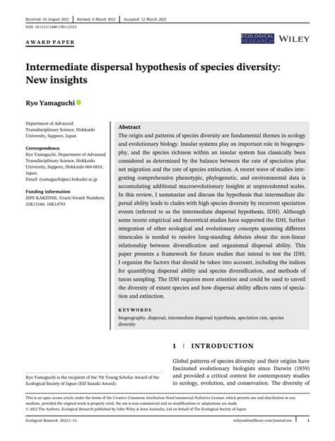 Pdf Intermediate Dispersal Hypothesis Of Species Diversity New Insights