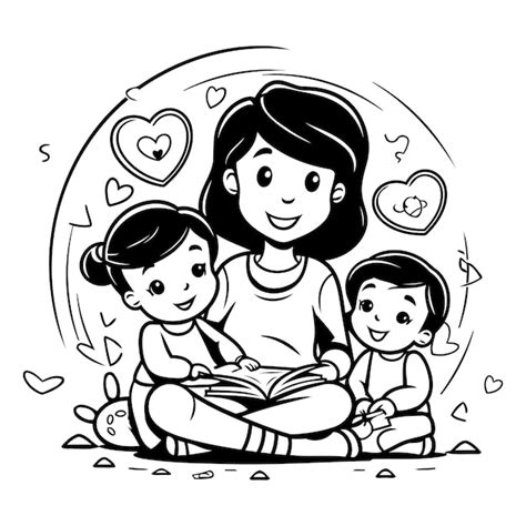 Madre E Hijos Leyendo Un Libro Ilustración Vectorial En Blanco Y Negro