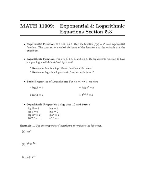 Exponential Logarithmic Equations The Constant B Is Called The Base