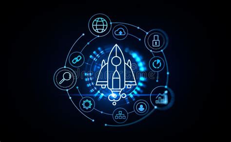 Startup Rocket Hologram With Network Icons Chain Stock Illustration