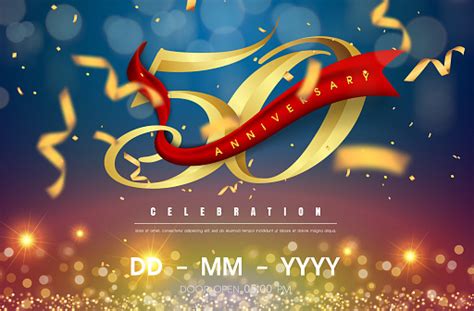 금과 파란색 배경에 50 주년 기념 로고 템플릿 빨간 리본 벡터와 색종이 고립 된 디자인 요소와 황금 숫자를 축하 50 Th 광고에 대한 스톡 벡터 아트 및 기타 이미지