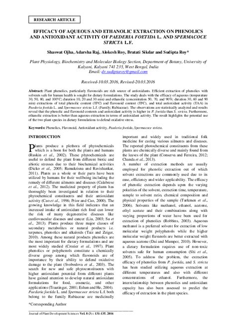 Pdf Efficacy Of Aqueous And Ethanolic Extraction On Phenolics And