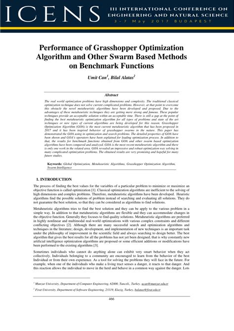 Pdf Performance Of Grasshopper Optimization Algorithm And Other Swarm Based Methods On