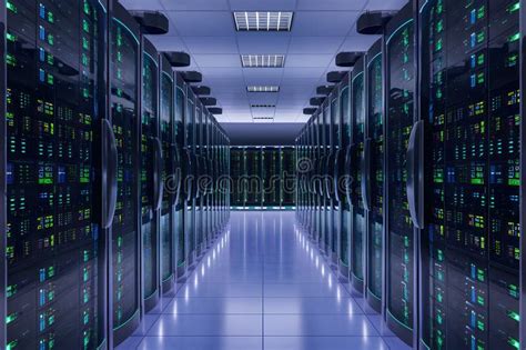 Futuristic Infrastructure Data Center Displays Network Servers In Orderly Row Stock Illustration