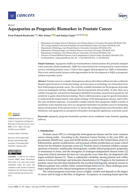 Pdf Aquaporins As Prognostic Biomarker In Prostate Cancer