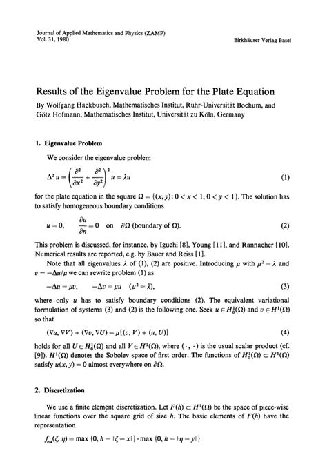 Pdf Results Of The Eigenvalue Problem For The Plate Equation