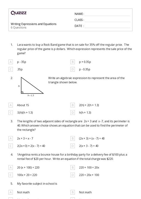 50 expressions and equations worksheets on quizizz free and printable