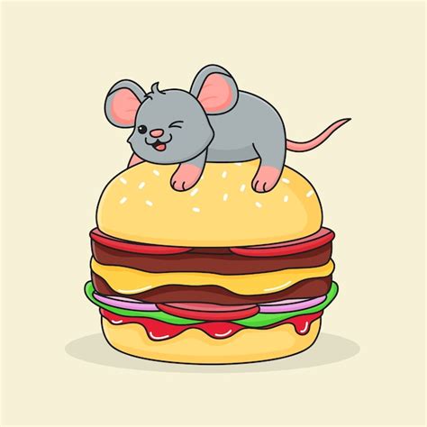 Feliz Rato Bonitinho No Topo Hambúrguer Vetor Premium