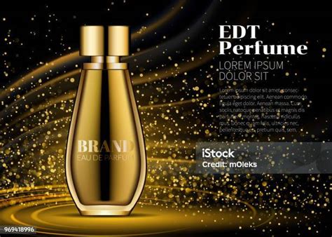 눈부신에 여자 Parfume 현실적인 금 병 이랑 배경 조명과 별 골든 Bokeh입니다 조롱 하는 유리에 포함 우수한 광고입니다