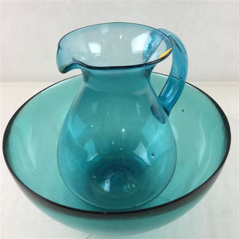 Lot Vintage Blue Glass Pitcher And Basin Bowl