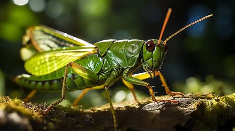 Premium Ai Image A Vibrant Green Grasshopper Leaps Through The Air