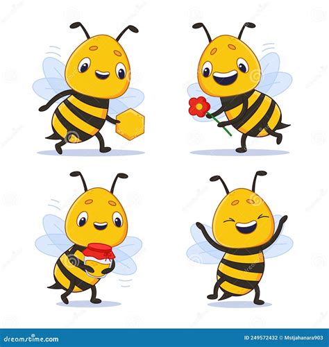Set Of Cartoon Happy Bee Holding Flower Jar Of Honey And Honeycomb