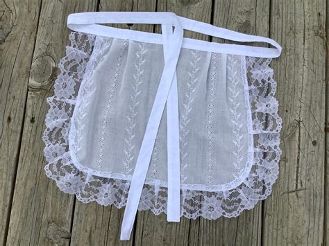 White Eyelet Apron With Lace Ruffles Cute Half Apron White Maid Apron