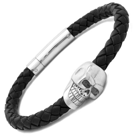 Black Woven Leather Skull Bracelet Leather Bracelets Suay Design