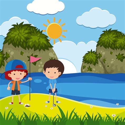 Cena Com Meninos Jogando Golfe No Parque Vetor Premium