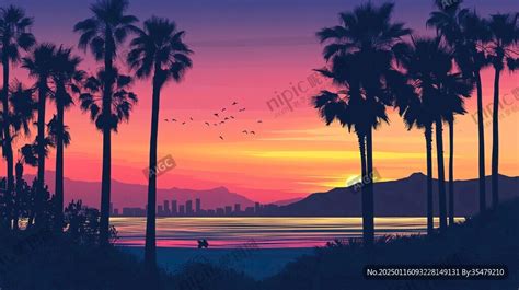 ai创作图海边落日插画 洛杉矶风景印象元素 海岸插画 棕榈树日落 夕阳插画 夕阳手绘 黄昏场景插画 洛杉矶插画洛杉矶印象 维多利亚湾插画