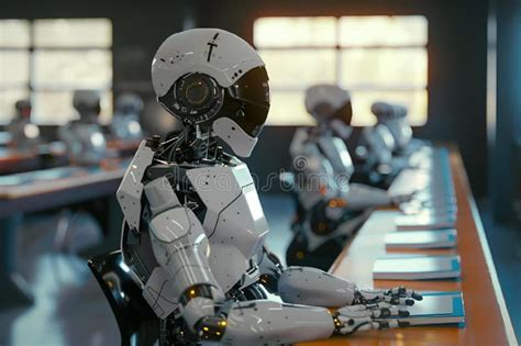 Ai Generated Illustration Of A Robot In A Classroom Setting With Desks