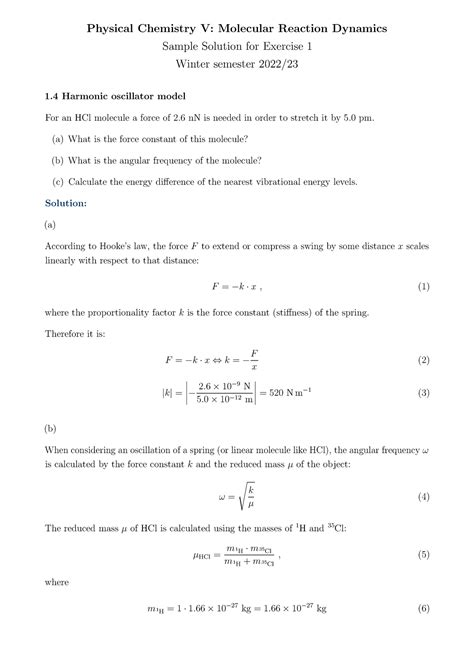 Physical Chemistry V Solution Exercise 14 Physical Chemistry V Molecular Reaction Dynamics