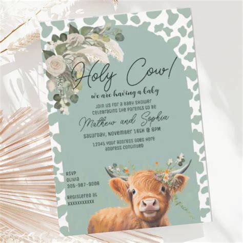 Sage Green Boho Holy Cow Baby Shower Invitation Zazzle