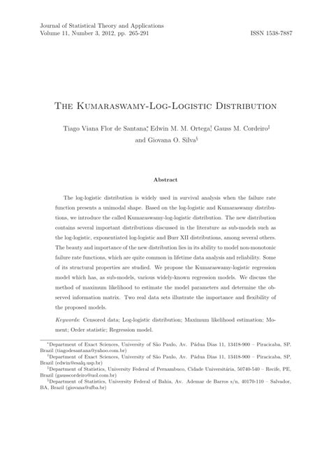 Pdf The Kumaraswamy Log Logistic Distribution