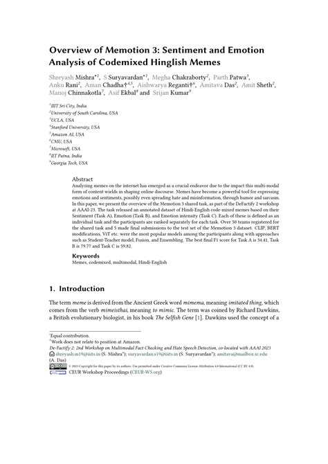 Pdf Overview Of Memotion 3 Sentiment And Emotion Analysis Of Codemixed Hinglish Memes
