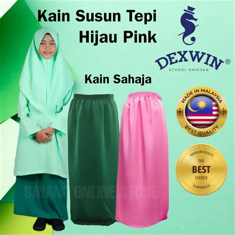 Dexwin Kain Kurung Licin Susun Tepi Hijau Kain Merah Muda Pink Koshibo