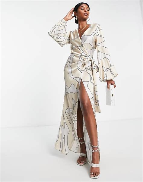 Asos Design Robe Portefeuille Mi Longue En Satin Avec Manches