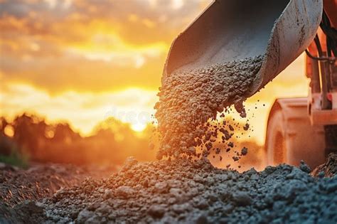 Concrete Mixer Truck Pouring Cement At Construction Site During Sunset
