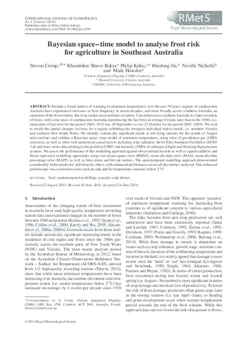 Pdf Bayesian Space Time Model To Analyse Frost Risk For Agriculture