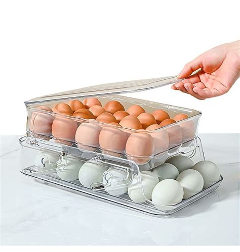 냉장고 및 조리대용 계란 홀더 Bpa 프리 냉장고용 뚜껑이 있는 이중 레이어 투명 롤링 계란 보관 용기 티몬