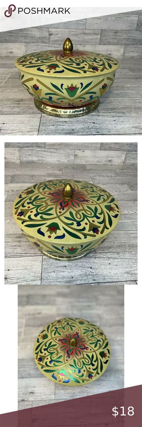 Vintage English Tulip Floral Lidded Round Biscuit Candy Tin Canister 7