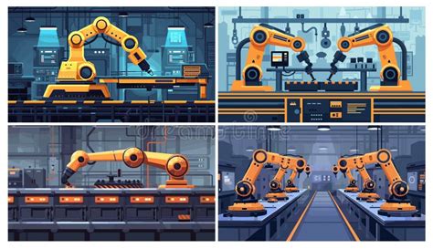 Cartoon Robot Factory Set Electronic Manufacturing With Machine Robotic Hand On Conveyor