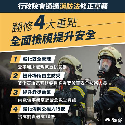 內政部 行政院消防法修正草案通過！ 4 大修法重點提升安全， 請大家一起來支持消防安全！ 1️⃣