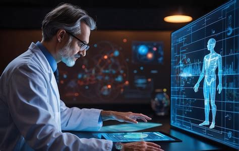 Premium Photo A Scientist Is Looking At A Holographic Diagram To