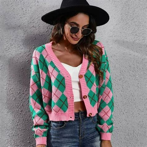 Womens Sweater V Neck Color Block Check Knit Long Sleeve Fall Winter