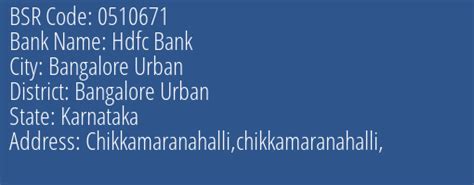 Bsr Code 0510671 Of Hdfc Bank In Bangalore Urban District Karnataka