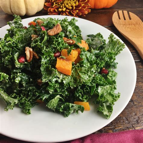 Kale Salad With Creamy Dijon Maple Dressing Pecans Squash And